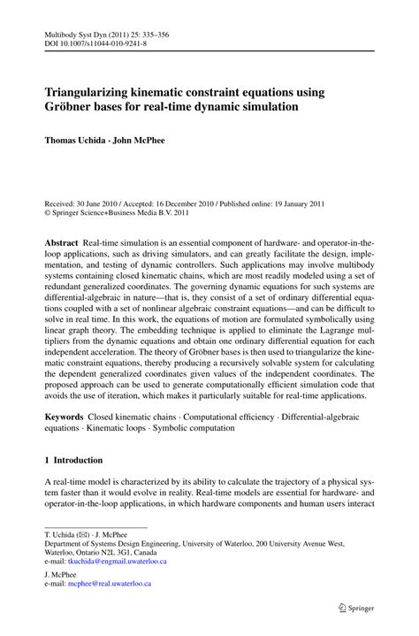 Pdf Triangularizing Kinematic Constraint Equations Using Gröbner Bases For Real Time Dynamic