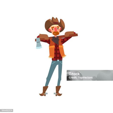 도끼 흰색 배경에 서양 만화 문자 벡터 일러스트 레이 션으로 서 전통적인 옷에 카우보이 군 보안관에 대한 스톡 벡터 아트 및 기타 이미지 군 보안관 귀여운 남자