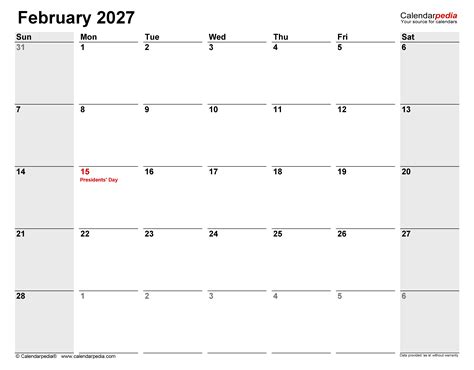 February 2027 Calendar Templates For Pdf Excel And Word