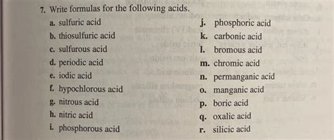 Solved Write Formulas For The Following Acids A Chegg