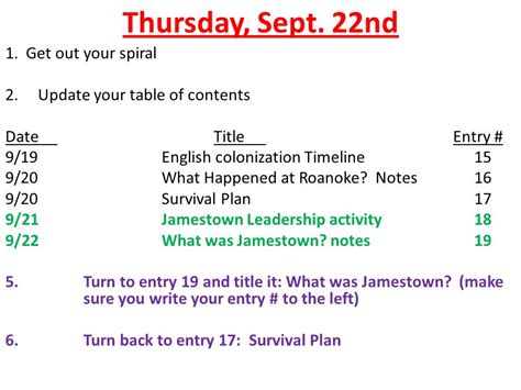 Thursday Sept 22nd 1 Get Out Your Spiral 2 Update Your Table Of