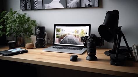 A Sleek Minimalist Home Office Setup For A Photographer Featuring A