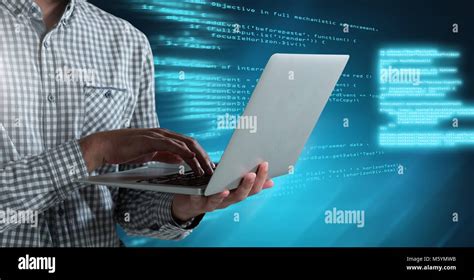 Man Typing Coding Text On Laptop Stock Photo Alamy