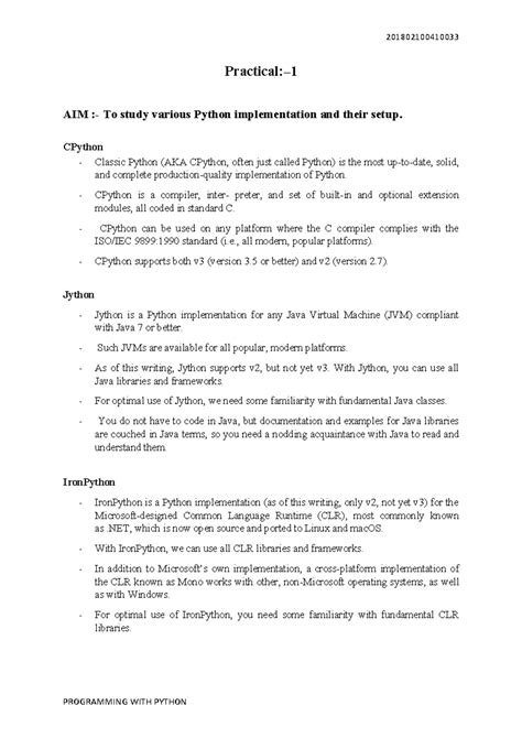 Practical Python Program Practical Aim To Study Various Python Implementation And