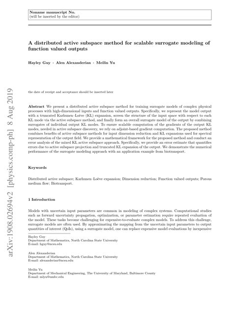Pdf A Distributed Active Subspace Method For Scalable Surrogate Modeling Of Function Valued