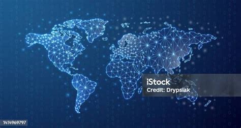 이진 코드 배경이있는 세계지도 다각형 기호 여행 컨셉 디자인 일러스트레이션 연결된 점이있는 푸른 지구 행성 낮은 폴리 기호