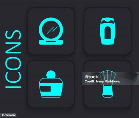 메이크업 브러쉬 거울이있는 파우더 샴푸 병 및 크림 로션 화장품 튜브 아이콘을 설정합니다 블랙 스퀘어 버튼 벡터 Charitable Foundation에 대한 스톡 벡터