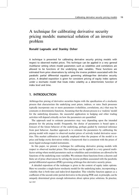 pdf a technique for calibrating derivative security pricing models numerical solution of an