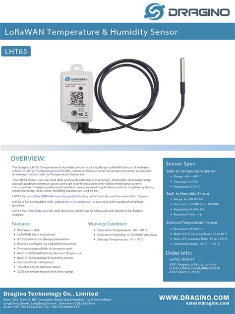 Datasheet Lht65 Lorawan Temperature Humidity Sensor Download Free Pdf
