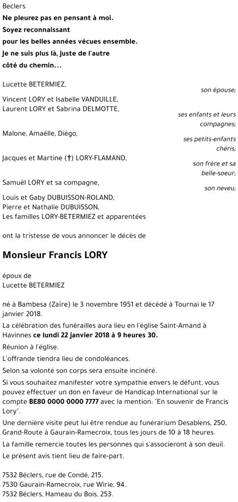Avis De Décès De Francis Lory Décédé Le 17 01 2018 à Tournai Annonce Condoléances Fleurs