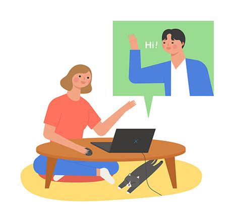 유토이미지 한 여성이 노트북으로 화상채팅을 하고 있다 심플한 벡터 스타일의 일러스트레이션