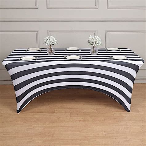 8 Ft Black White Striped Fitted Premium Spandex Rectangular Tablecloth