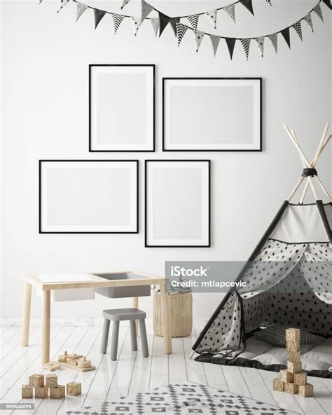 어린이 침실 스칸디나비아 스타일 인테리어 배경 3d 렌더링 포스터 프레임을 모의 칠판에 대한 스톡 사진 및 기타 이미지 칠판 프레임 아기방 Istock
