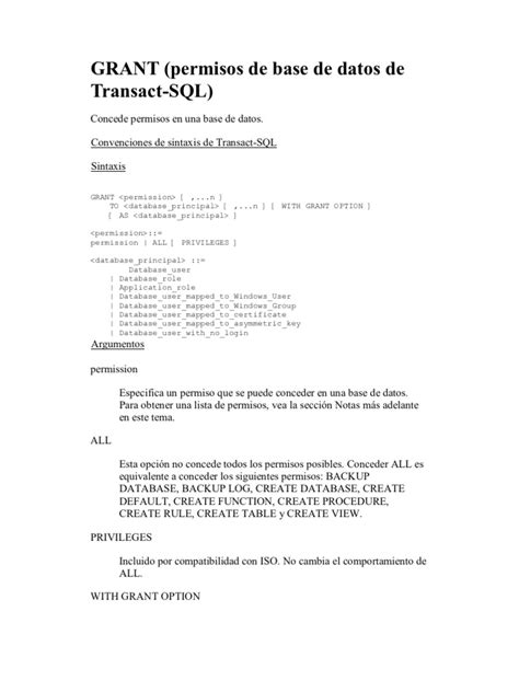 Grant Permisos De Base De Datos De Transact Sql Pdf Informática
