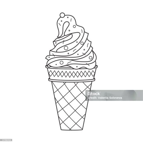 와플 콘에 아이스크림을 뿌리면 윤곽을 그립니다 여름 달콤한 음식 맛있는 냉동 디저트 흰색 배경에 고립 된 흑백 그림을 그린 벡터 선형 낙서 손 0명에 대한 스톡 벡터 아트