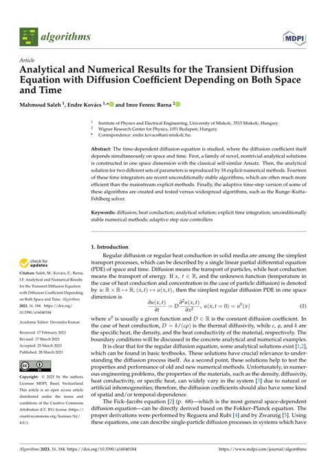 Pdf Analytical And Numerical Results For The Transient Diffusion Equation With Diffusion
