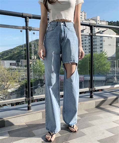 잇쇼제이 [후기대박 핏보장] 하이웨스트 와이드 찢청 트임 루즈핏 청바지 무릎트임 포인트