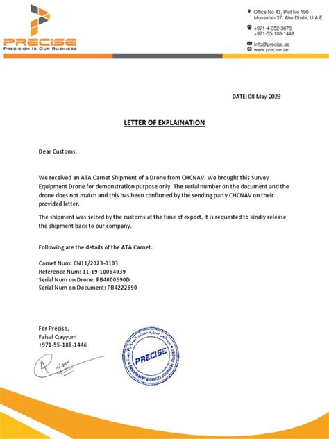 Explanation Letter For Customs Ata Carnet Pdf