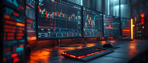High Tech Trading Desk With Glowing Financial Charts Concept Trading Desk Set Up Financial