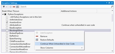 Debugging Python Visual Studio Break On Error Stack Overflow