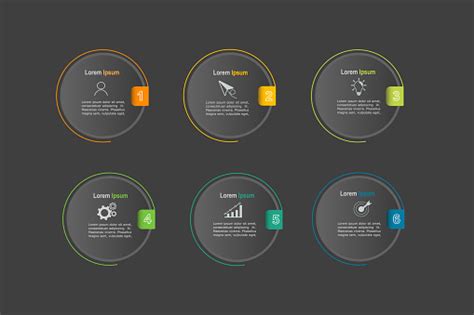 인포 그래픽 요소 템플릿 6 단계의 비즈니스 개념 워크 플로우 레이아웃 다이어그램 연례 보고서 웹 디자인을위한 멀티 컬러 원 모양 디자인 크리에이티브 배너 레이블 벡터