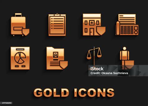 방패가 있는 문서 팩스 생명 보험 정의의 저울 그래프 차트 의료 병원 건물 여행 수하물 및 클립보드 체크리스트 아이콘을 설정합니다 벡터 가방에 대한 스톡 벡터 아트 및 기타