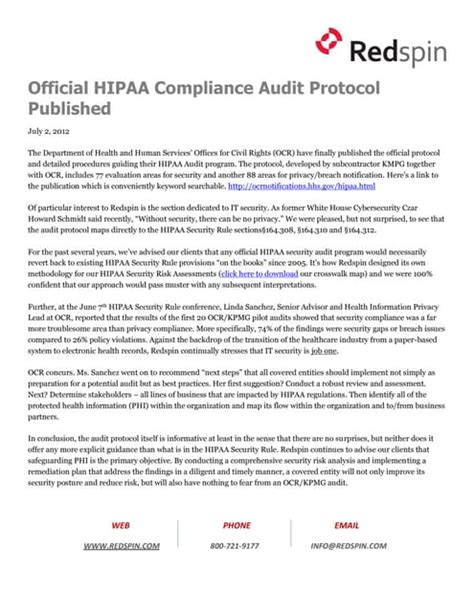 Official Hipaa Compliance Audit Protocol Published Pdf