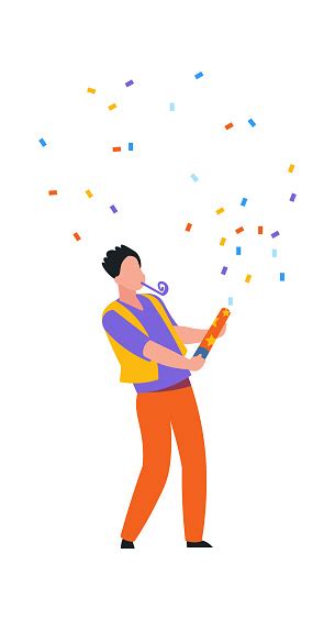 파티 색종이와 행복한 춤 남자 만화 남자는 종이의 화려한 조각으로 크래커를 불고 휴일에 재미 남성 캐릭터 생일을 축하하는 소년 벡터 축제 이벤트 색종이 조각에 대한 스톡