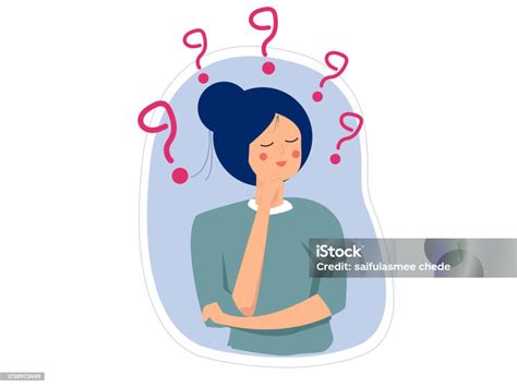 물음표로 생각하는 여자는 창의성 문제 해결 사려 깊은 포즈 개념 디자인 일러스트레이션에 대한 그의 선택을 의심합니다 교육에 대한