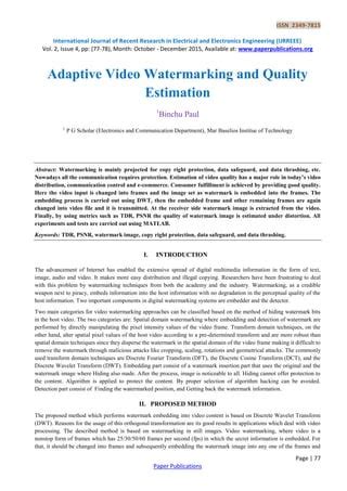 Adaptive Video Watermarking And Quality Estimation PDF