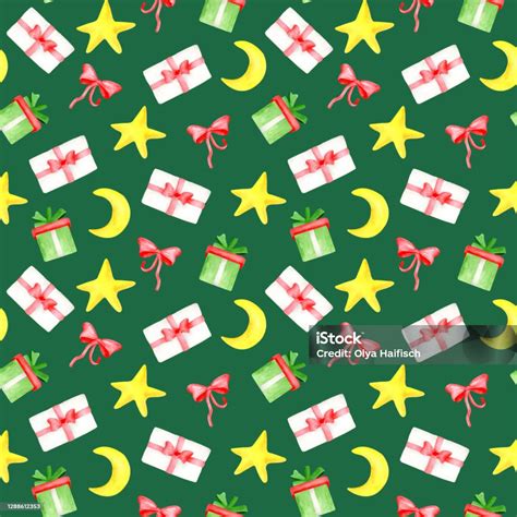 선물 상자 리본 활 반달 노란 별이 있는 수채화 매끄러운 패턴 크리스마스 새해 생일 축하를위한 손으로 그린 그림 흰색 배경에