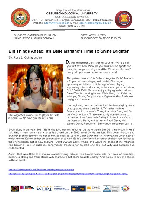 Feature Writing Sample Belle Mariano S Rise In Campus Journalism Studocu