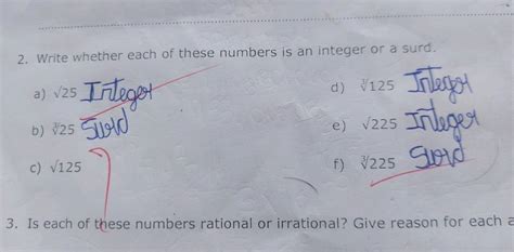 Write Whether Each Of These Numbers Is An Integer Or A Surd A Sqrt 25