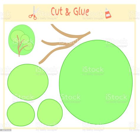 교육 종이 취학 전 어린이의 개발을 위한 게임 이미지와 종이에 접착제의 부분을 잘라 벡터 일러스트입니다 가 위와 접착제를 사용 하 여 만들는 아플 리 케 그린 트리