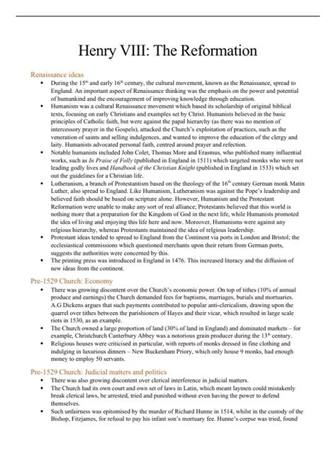 Summary AQA A Level 1C Tudors Henry VIII Revision Notes A Achieved