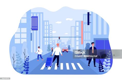 대도시 벡터 일러스트레이션에서 길을 건너는 행복한 사람들 바쁜에 대한 스톡 벡터 아트 및 기타 이미지 바쁜 거리 걷기 Istock
