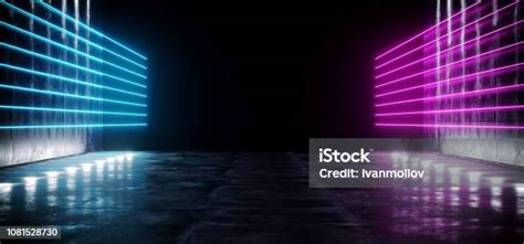 그런 지 반사 콘크리트 텍스처와 파란색 보라색 네온 튜브 모양의 조명 배경 3d 렌더링 빛나는 안개 어두운 공상 과학 빈 현대 미래 우주선 터널 복도 연기 0명에 대한 스톡