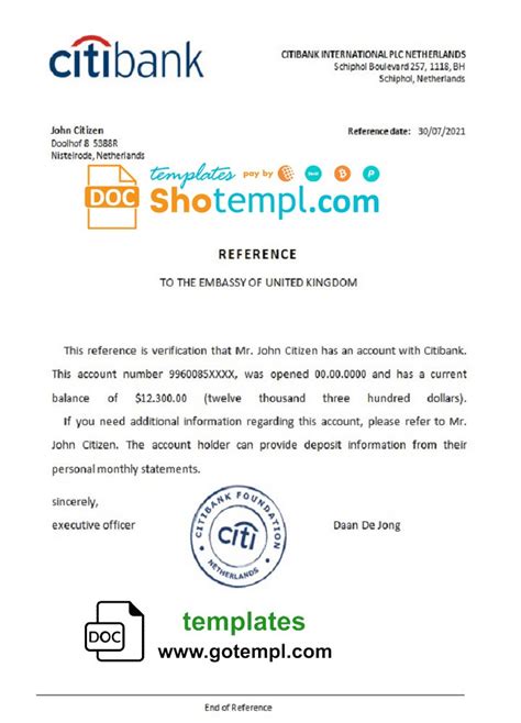 Netherlands Citibank Account Balance Certificate Template In Word And PDF Format Oxtempl