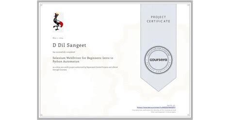 Completion Certificate For Selenium Webdriver For Beginners Intro To