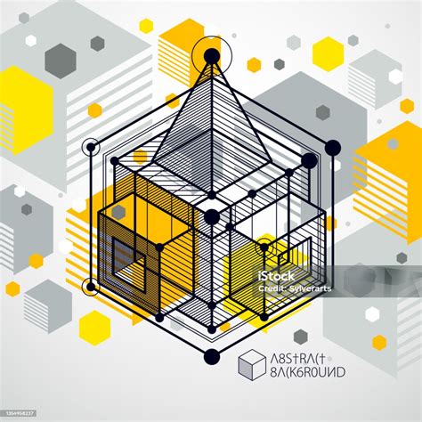 현대 추상 입방 격자 라인 노란색 배경의 벡터 큐브 육각형 사각형 사각형 및 다른 추상 요소의 레이아웃 추상적 인 기술 3d 배경 3차원 형태에 대한 스톡 벡터 아트 및