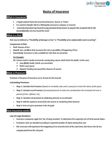 Basics Of Insurance Handout Pdf Insurance Life Insurance