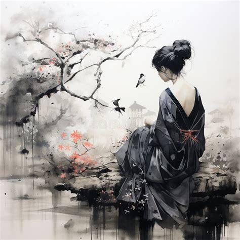 Hand Drawn Japanese Sumi E Flower Painting Stock Illustration