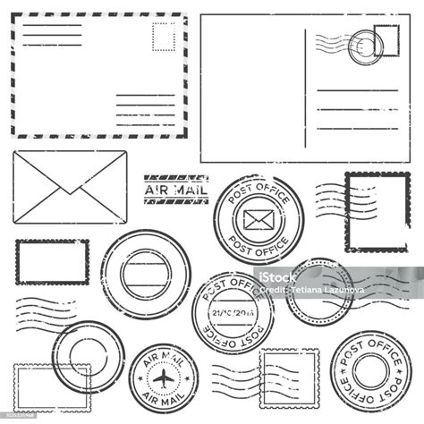 오래 된 우편 편지 소인 우표입니다 골동품 항공 비행기 테두리로 표시 메일 스탬프 라벨 문자와 잉크 봉인 벡터 집합 게시 엽서에 대한 스톡 벡터 아트 및 기타 이미지