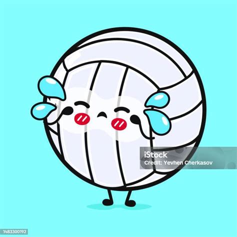 귀여운 우는 배구 캐릭터 벡터 손으로 그린 만화 Kawaii 캐릭터 그림 아이콘입니다 파란색 배경에 격리되어 있습니다 슬픈 배구