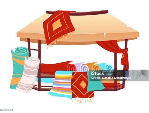 수크 무역 텐트 와 수제 터키 카펫 만화 벡터 일러스트 동부 시장 차양 페르시아 양탄자가있는 캐노피 킬림플랫 컬러 오브젝트 아시아 페어 윤곽 격리 에 화이트 0명에 대한