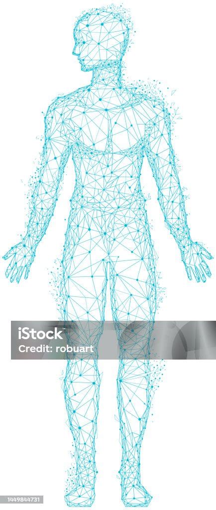 머리와 팔다리가 있는 다각형 인체 파란색 선과 점으로 만들어진 사람의 기하학적 윤곽 개념에 대한 스톡 벡터 아트 및 기타 이미지