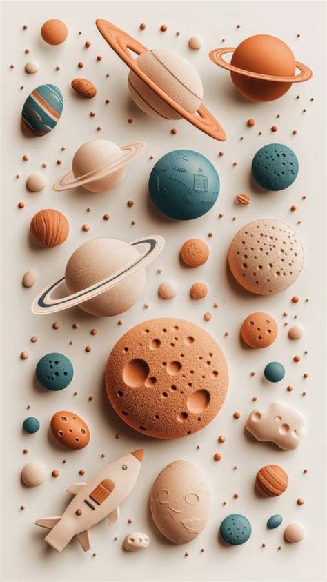 Various Planets And A Toy Rocket Float Against A Simple Off White