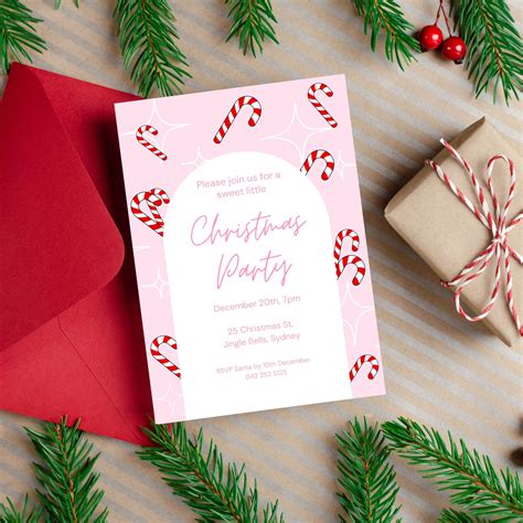 Candy Cane Christmas Party Invitation Pink Holiday Invite Digital Download Etsy
