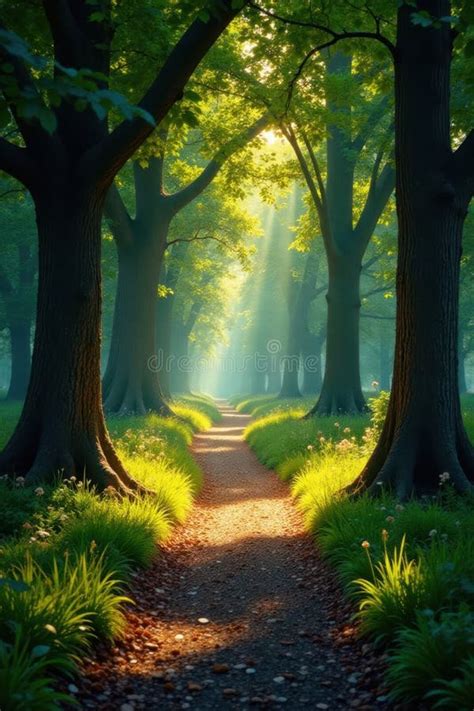 Sun Dappled Path Winding Through Ancient Trees Scenic Perspective