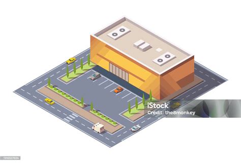 등가성 슈퍼마켓 이나 식료품점 건물 및 거리 주차장이 있는 쇼핑몰 건물을 나타내는 벡터 동포성 아이콘 또는 인포그래픽 요소입니다 도시 인프라용 3d 숍 시장 3차원 형태에